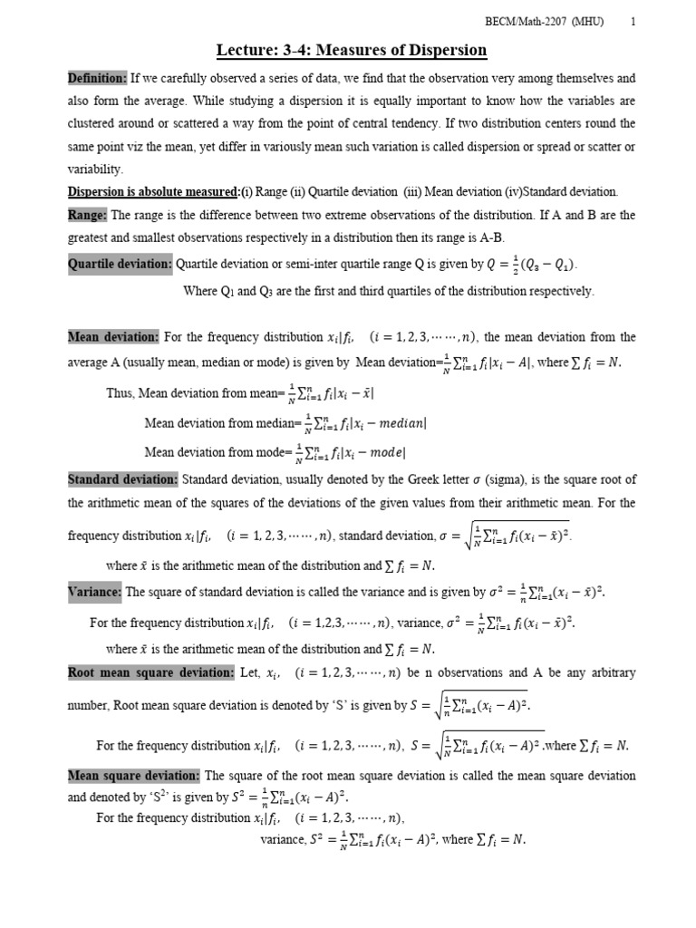 Engineering Mathematics Lecture Measures of Dispersion and Location | PDF | Percentile | Mean