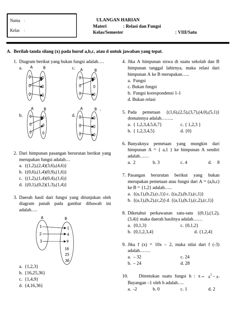 Soal UH Bab Relasi Dan Fungsi Kelas 8 | PDF