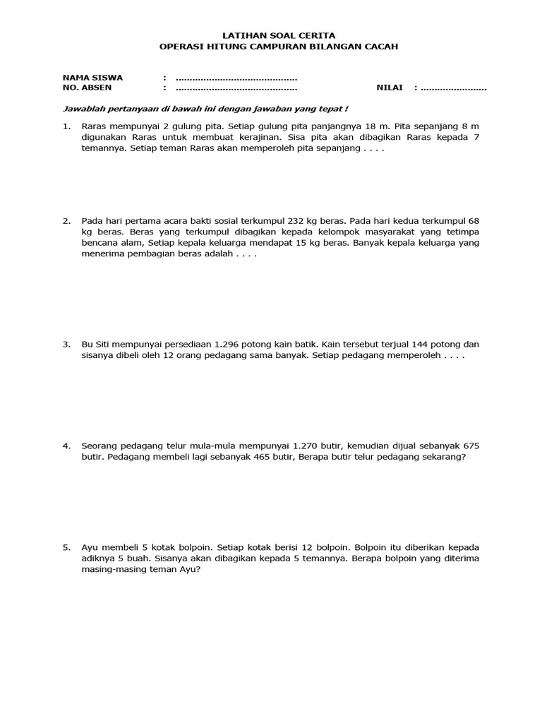 Latihan Soal Cerita Bil. Cacah | PDF