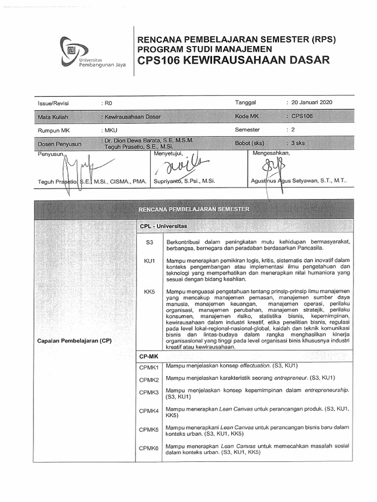 RPS-CPS106-CPS106-RPS-Kewirausahaan-Dasar | PDF