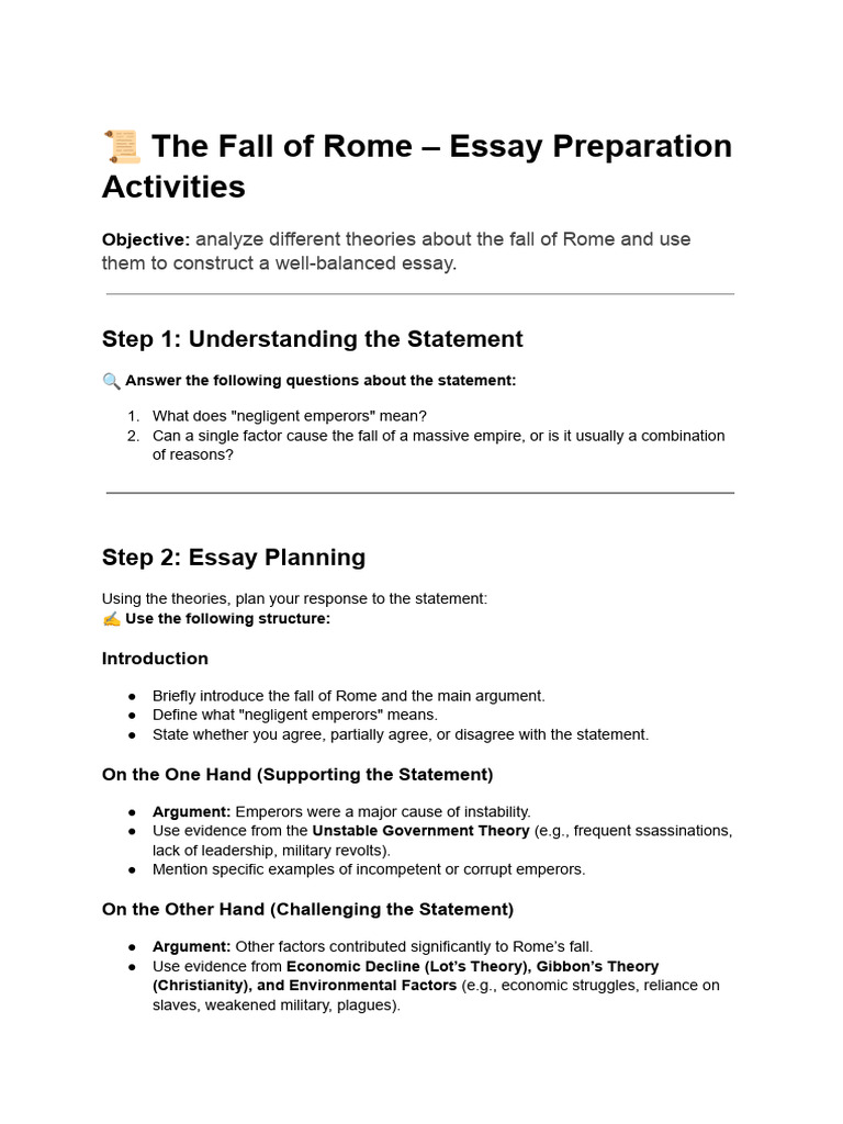 ? The Fall of Rome - Essay Preparation Activities | PDF