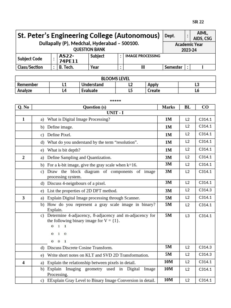 Question Bank SR22_IP | PDF | Data Compression | Image Segmentation