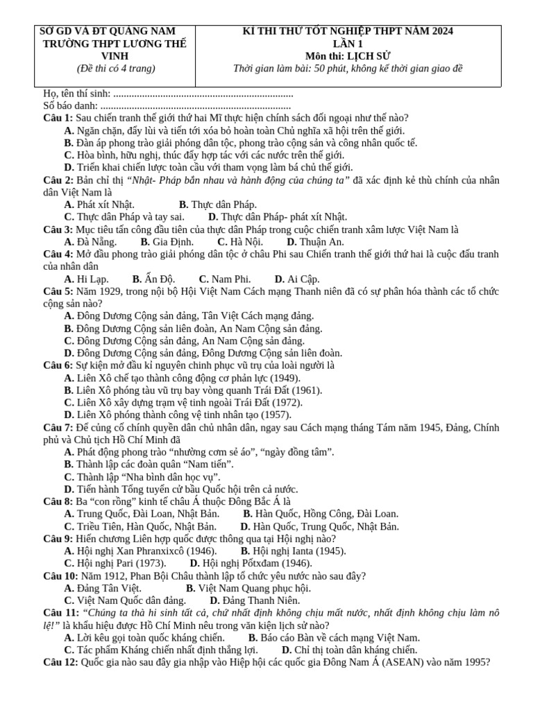 Thuvienhoclieu.com de Thi Thu Tn Thpt Lich Su Thpt Luong the Vinh Lan 1 | PDF