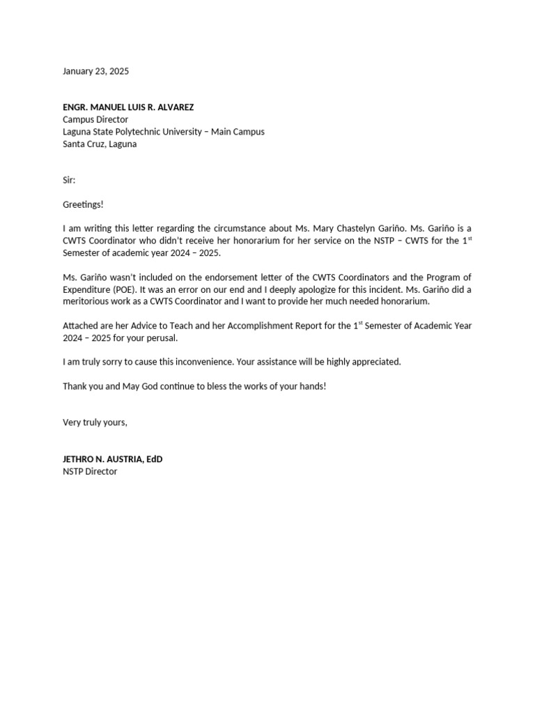 Honorarium Request for CWTS Coordinator | PDF
