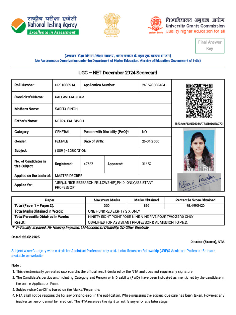 UGC-NET December 2024 Scorecard Results | PDF | Qualifications