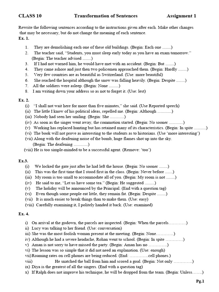 Sentence Transformation Exercises for Class 10 | PDF