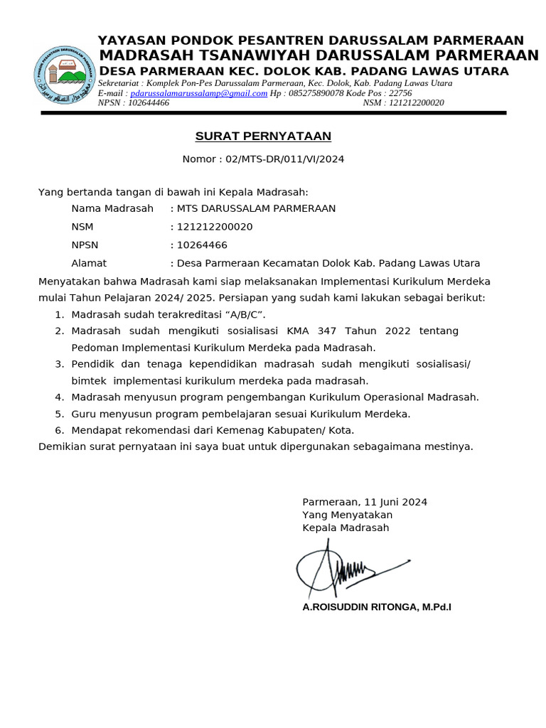 Pengajuan Kurikulum Merdeka MTS | PDF