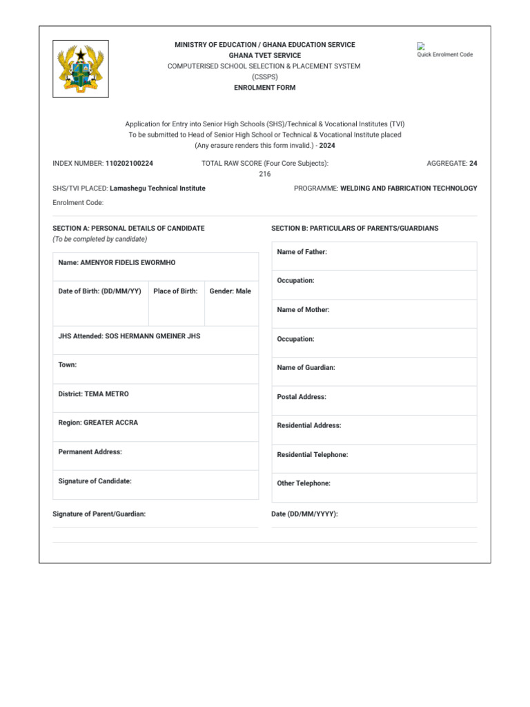 CSSPS Enrolment Form for SHS/TVI | PDF
