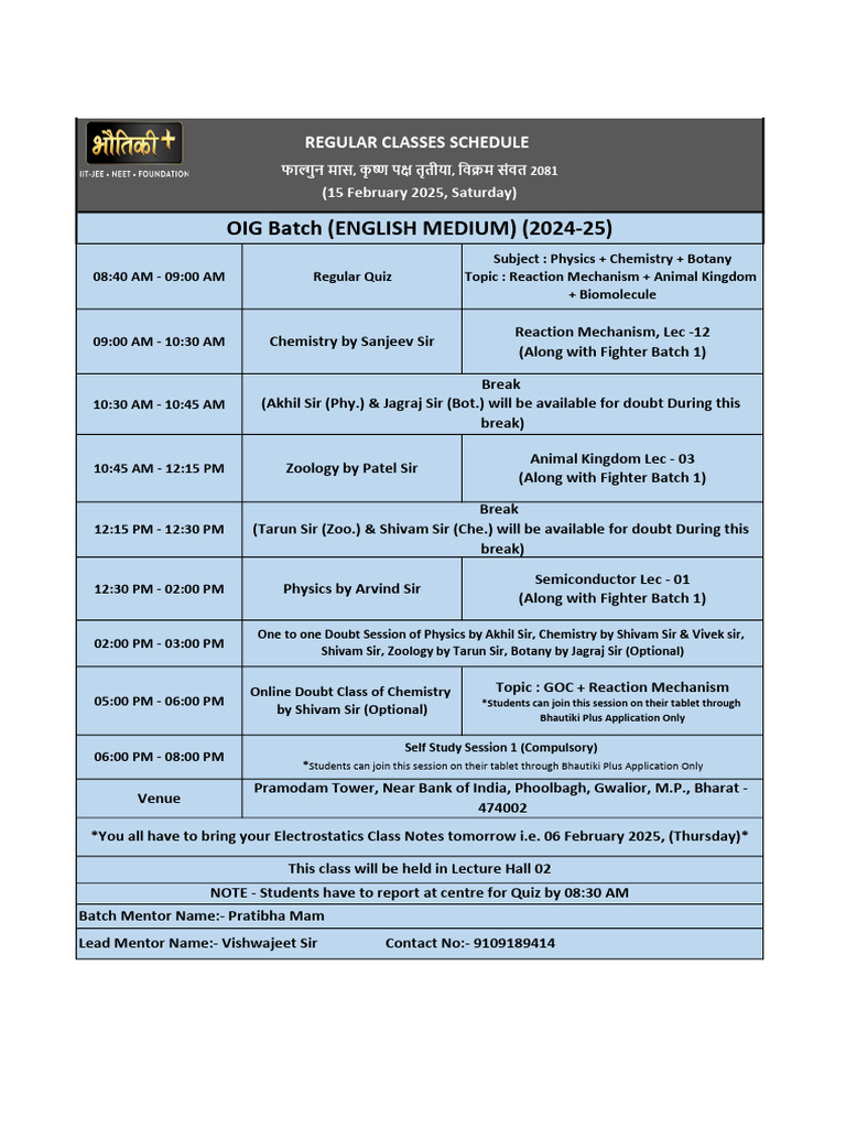Regular Classes Schedule Fighter OIG (15-02-2025) | PDF | Physical Sciences | Natural Sciences