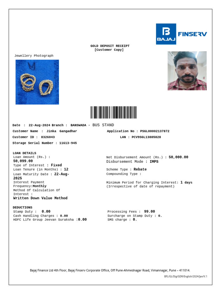 Bajaj Finance Gold Deposit Receipt | PDF | Interest | Loans