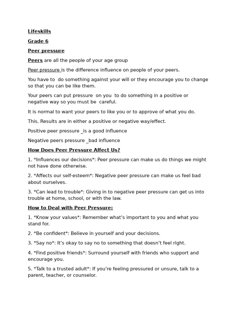 Grade 6 Peer Pressure Guide | PDF | Psychology | Behavioural Sciences