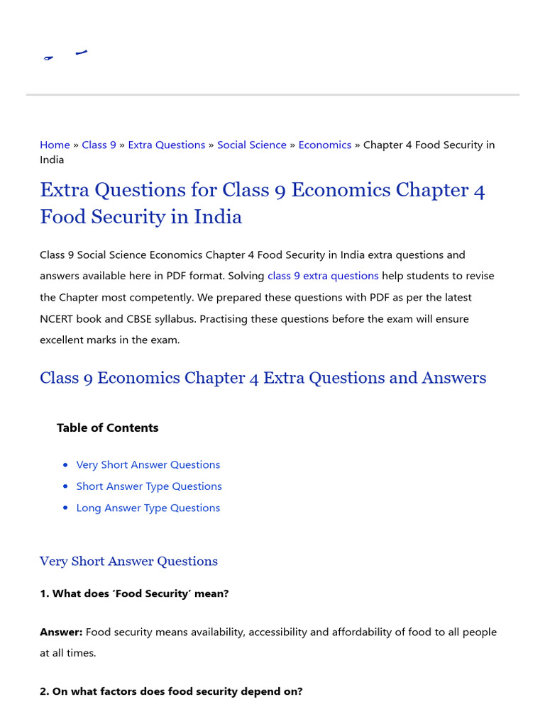 Class 9 Economics Chapter 4 Food Security in India | PDF | Food ...