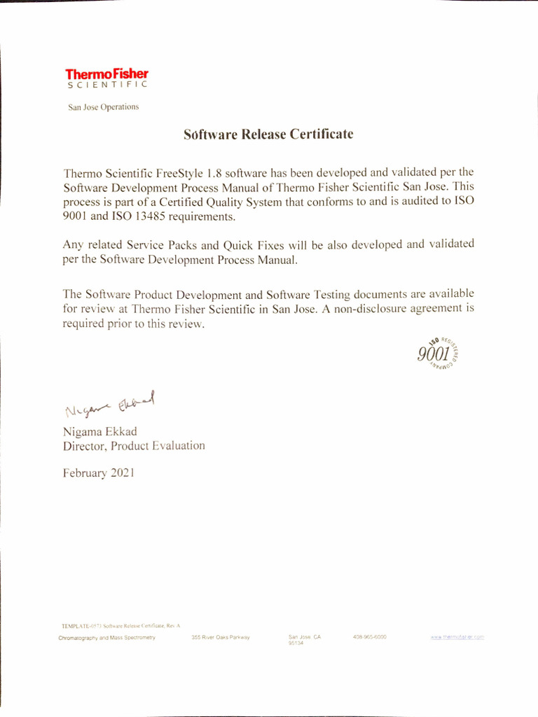 FreeStyle 1.8 SW Release Certificate | PDF