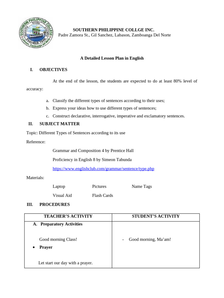 Lesson Plan: Types of Sentences in English | PDF | Question | Sentence ...