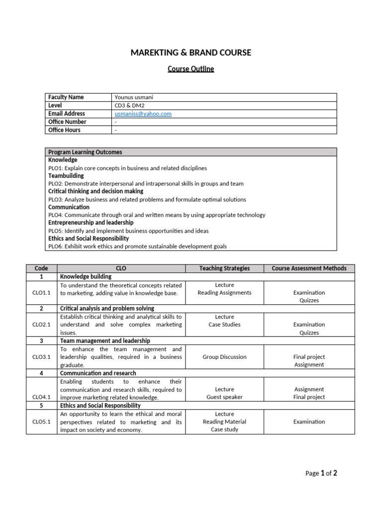 Marketing Course Outline Overview | PDF | Marketing | Brand