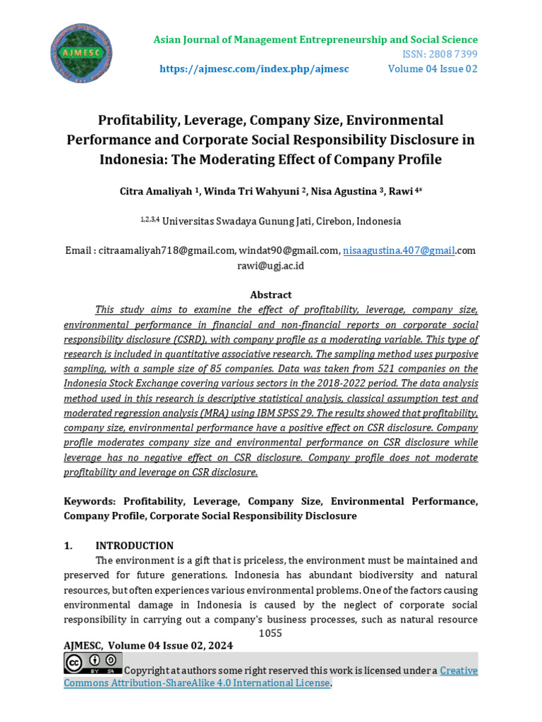 Amaliyah_Profitability, Leverage, Company Size, Environmental Performance and Corporate Social ...