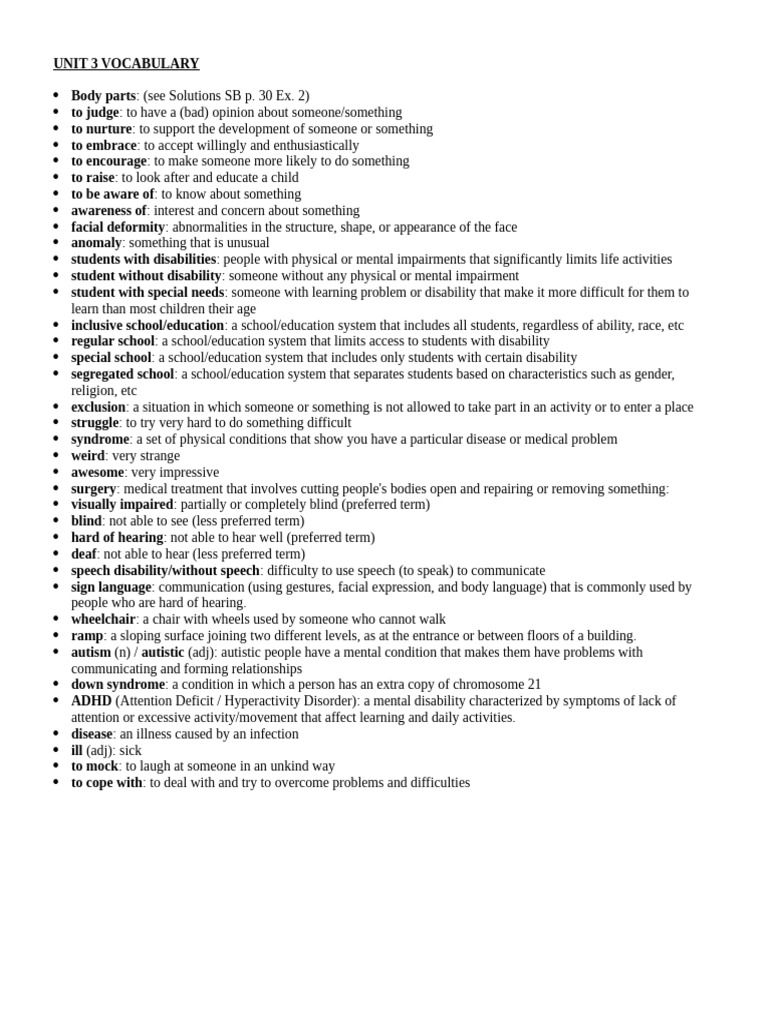 UNIT 3 VOCABULARY | PDF | Disability | Autism