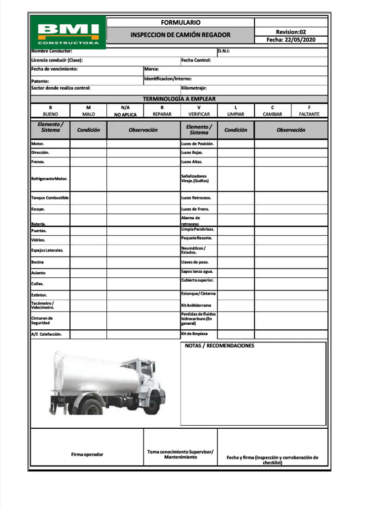 Inspección de Camión Regador: Checklist | PDF | Coche | Carros deportivos