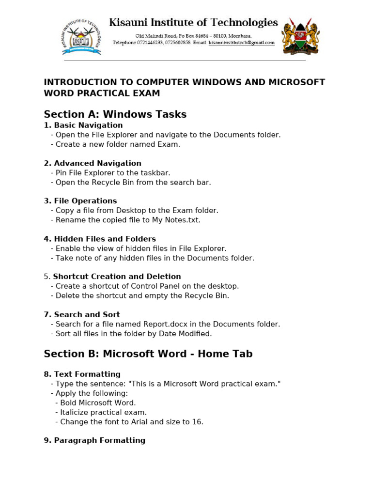 INTRODUCTION TO COMPUTER WINDOWS AND MICROSOFT WORD PRACTICAL EXAM[1] | PDF