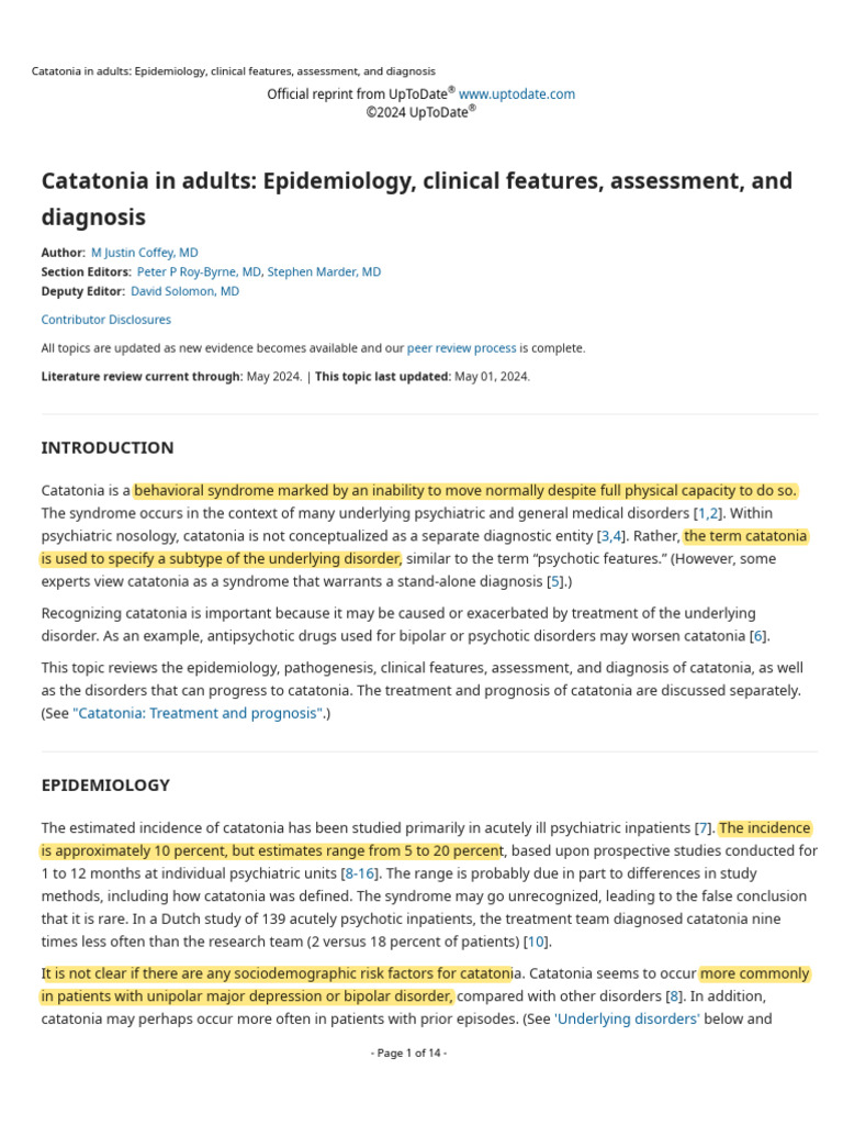 Catatonia in adults: Epidemiology, clinical features, assessment, and diagnosis | PDF | Mental ...