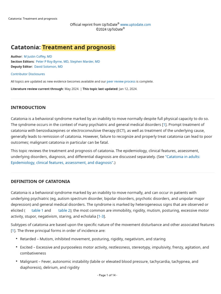Catatonia: Treatment and Prognosis | PDF | Electroconvulsive Therapy ...