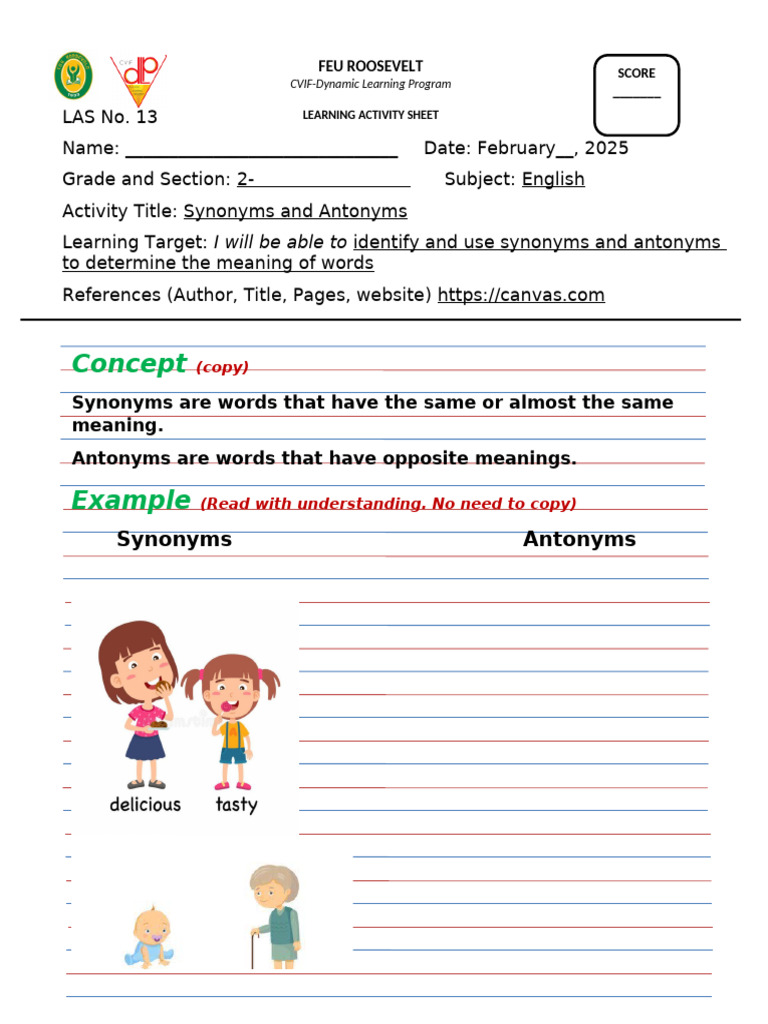Synonyms and Antonyms Learning Activity | PDF