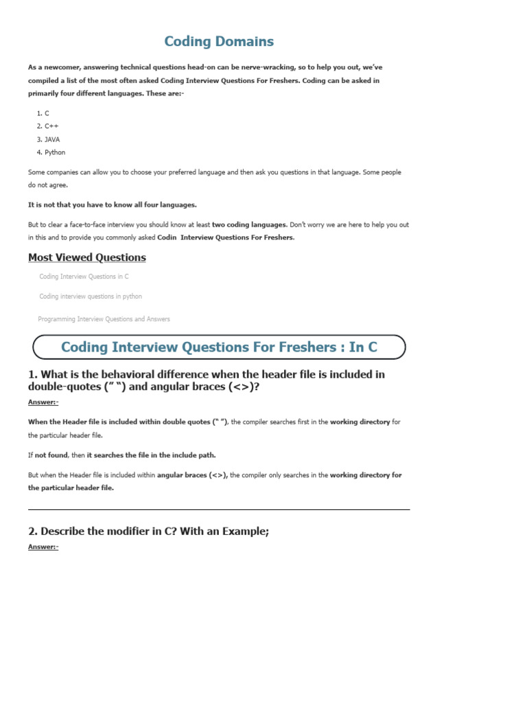 Coding Interview Questions For Freshers - PrepInsta | PDF | Integer (Computer Science) | C++