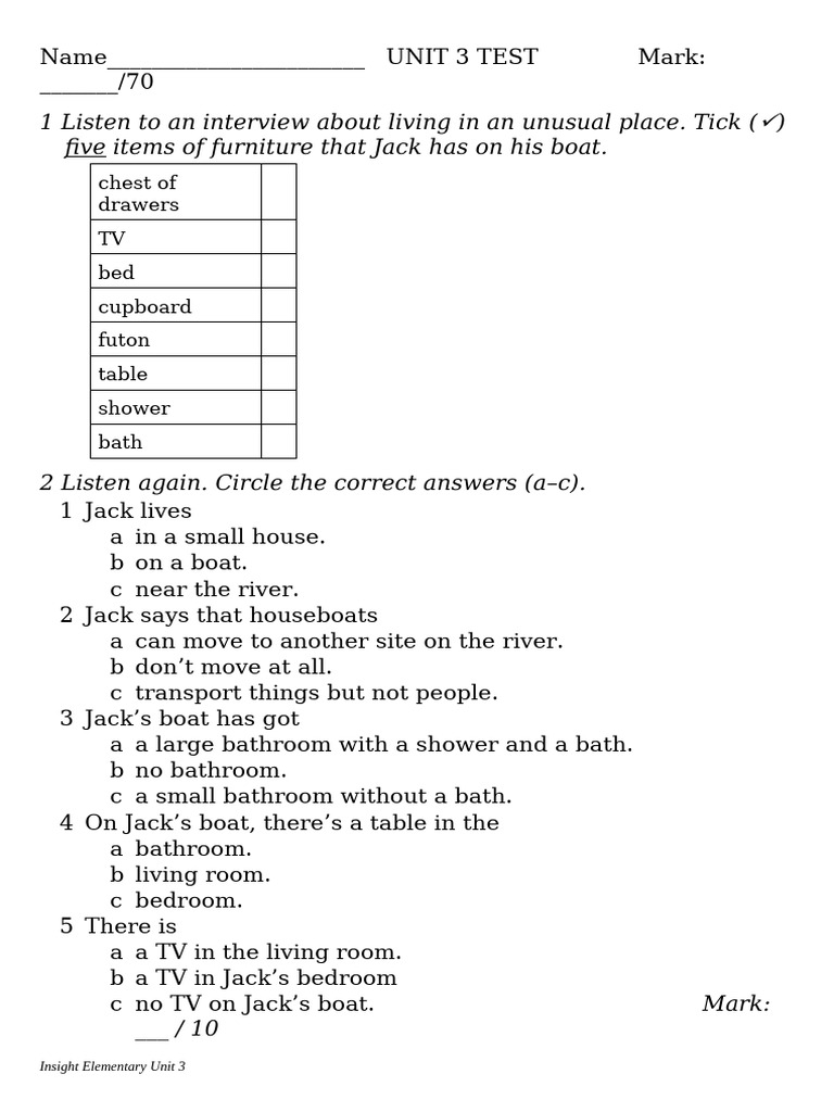 Insight Elementary Unit 3 Test 2nd Ed. | PDF | Bedroom | Room