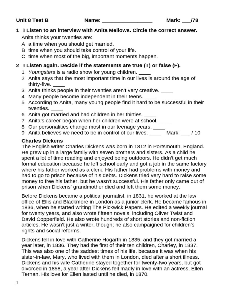 Insight Elementary Unit 8 Test 2nd Ed. | PDF | Charles Dickens
