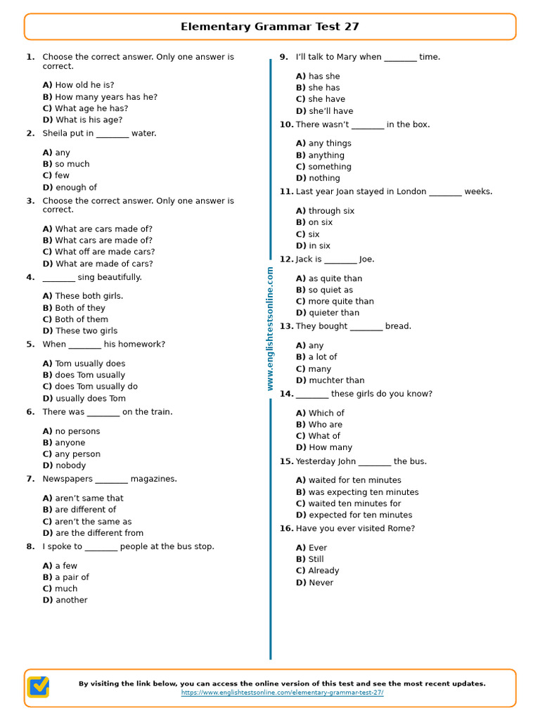 Elementary Grammar Test 27 | PDF