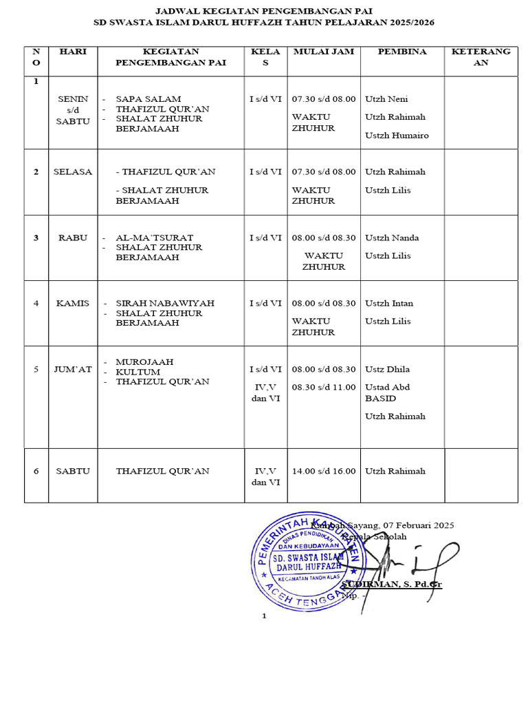 Jadwal Kegiatan PAI SD Darul Huffazh 2025 | PDF
