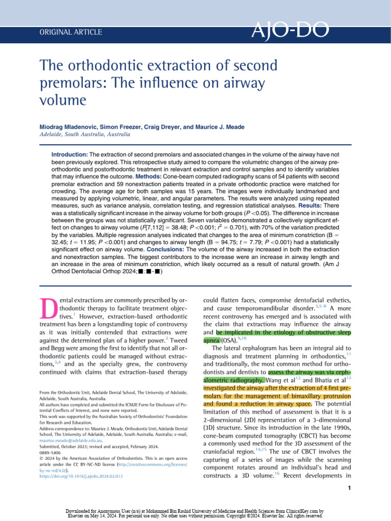 The Orthodontic Extraction of Second Premolars Influence On Airway ...