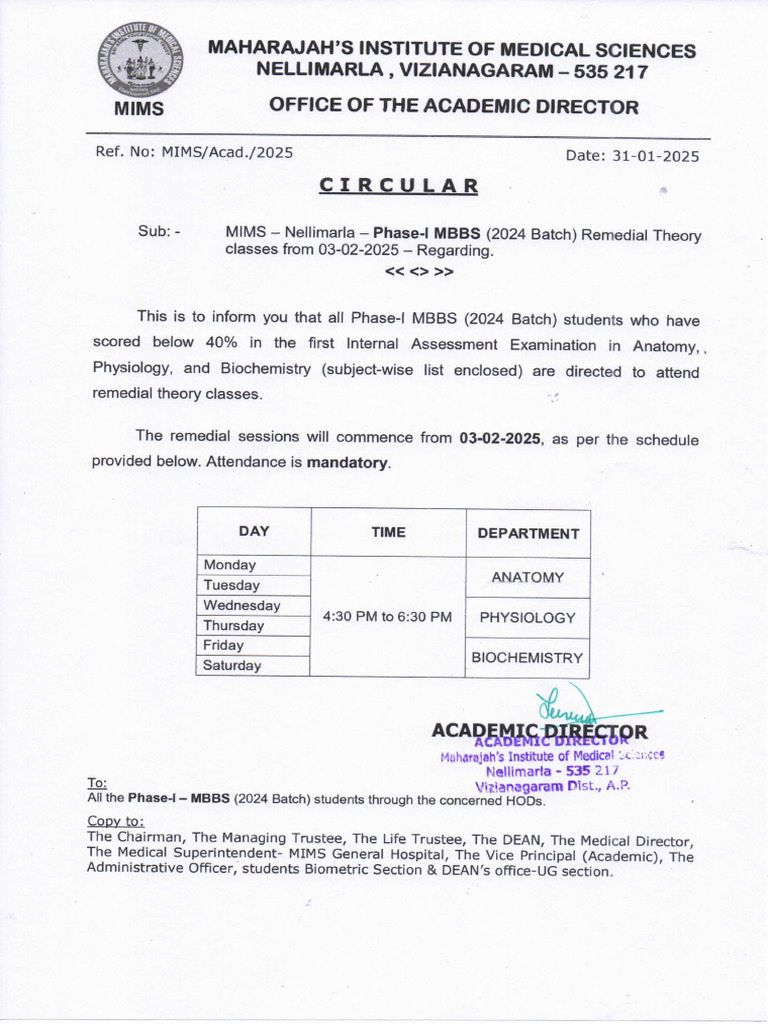 Phase-I MBBS (2024 Batch) Remedial Theory Classes From 03-02-2025 | PDF