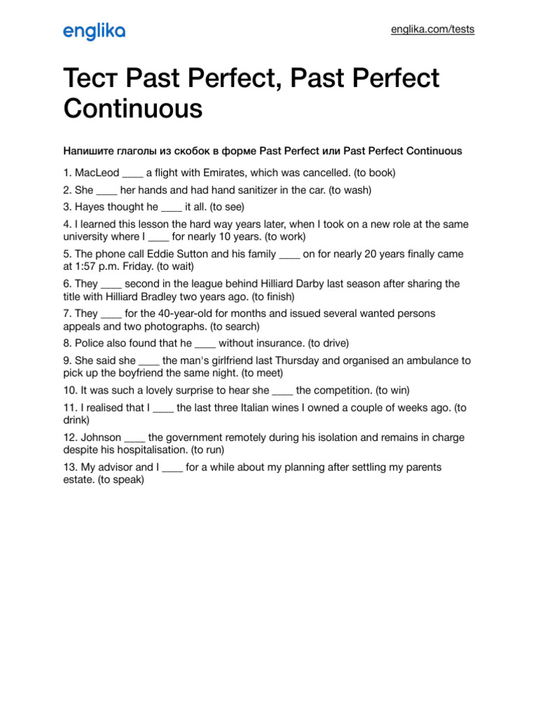 Test Past Perfect Past Perfect Continuous Ru | PDF