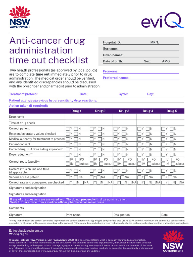 ID 6 Anti Cancer Drug Administration Time Out Checklist 2023 | PDF ...