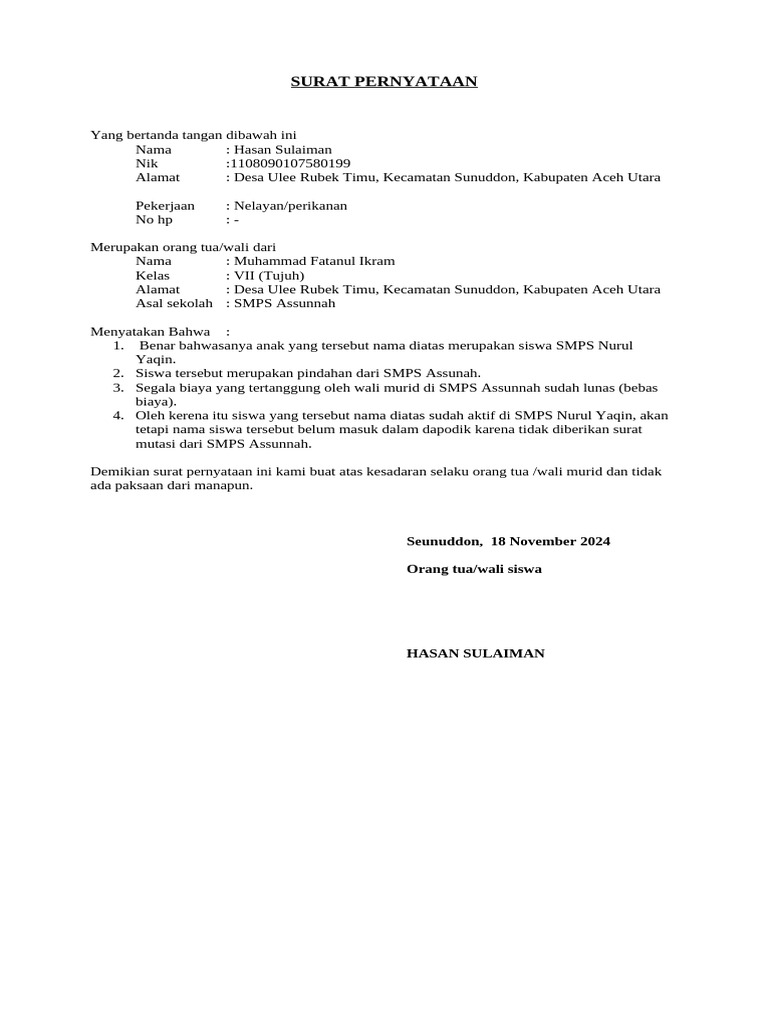 Surat Pernyataan Ank Pindahan Assunnah | PDF