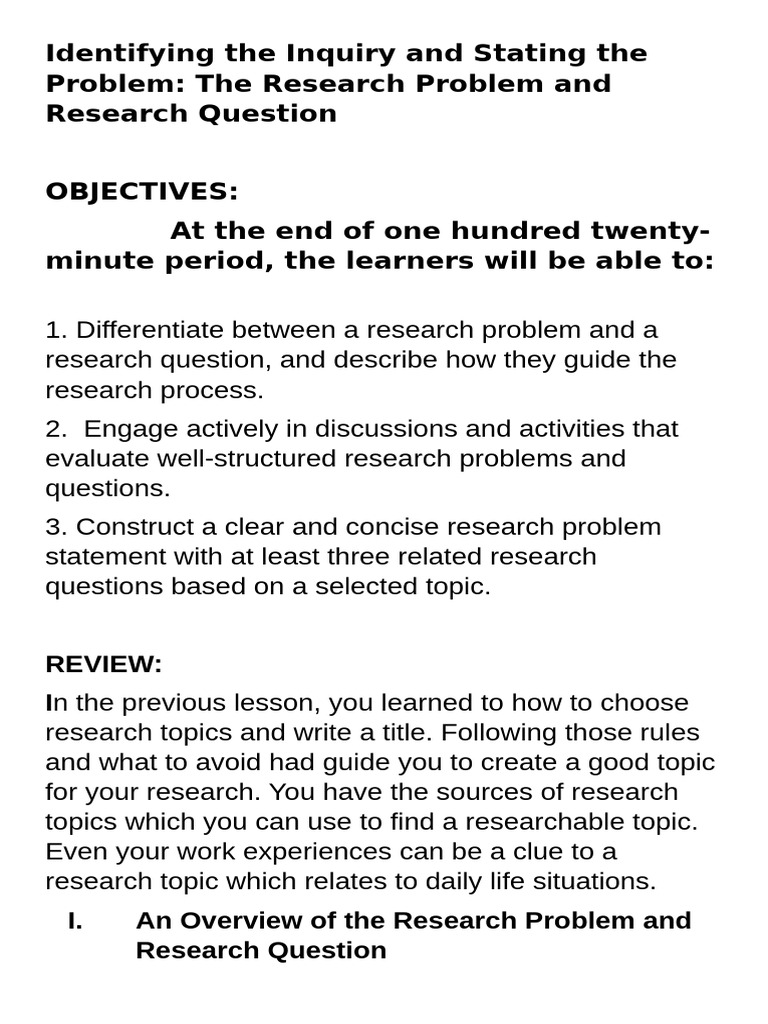 PR 1 Identifying The Inquiry and Stating The Problem | PDF | Question ...