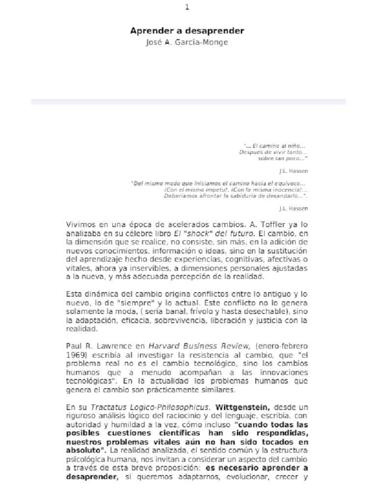 Aprender A Desaprender Lectura Presentación | PDF