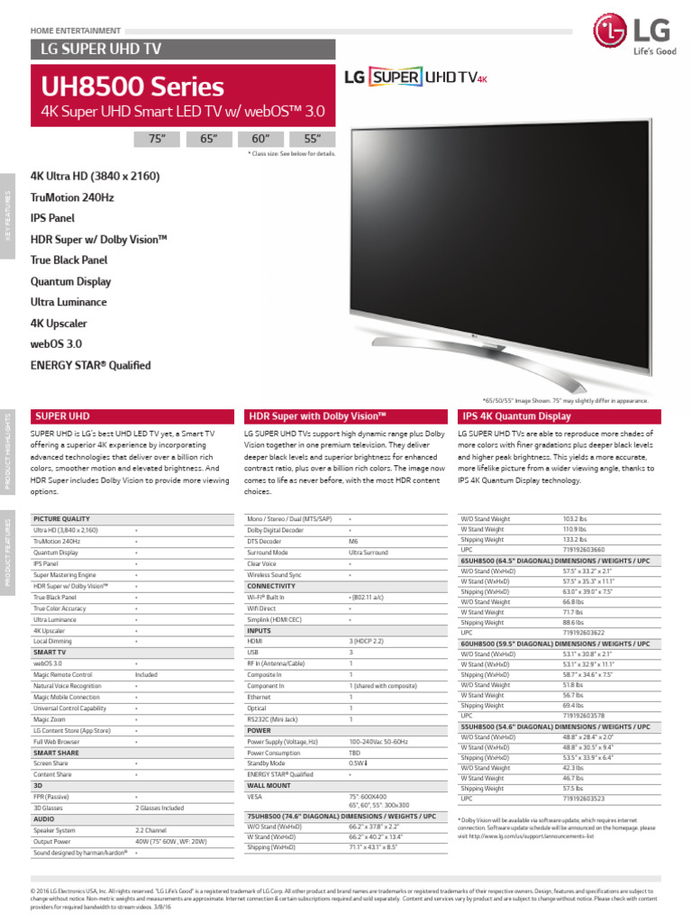 LG - 60'' lED - UH8500 Series Spec Sheet | PDF | Information And ...