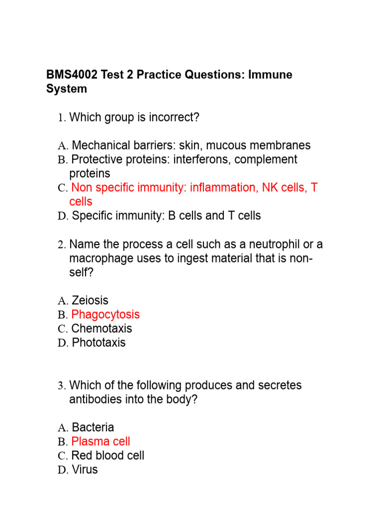 BMS4002 Immune System Practice Questions With Answers | PDF | Immune ...