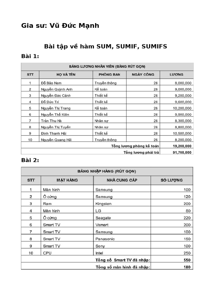 Bài tập hàm SUM-SUMIF-SUMIFS | PDF
