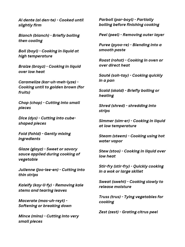 Here are 30 vegetable culinary terms in dictionary format, arranged ...