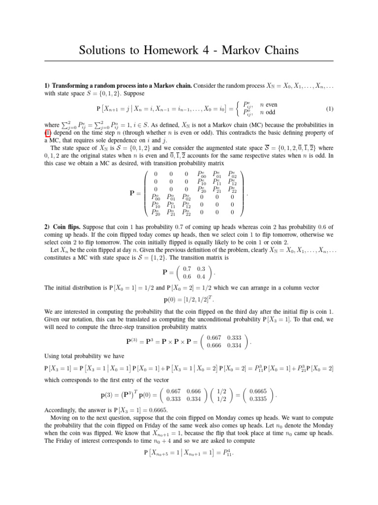 HW 4 Markov Chains Solution | PDF | Markov Chain | Matrix (Mathematics)