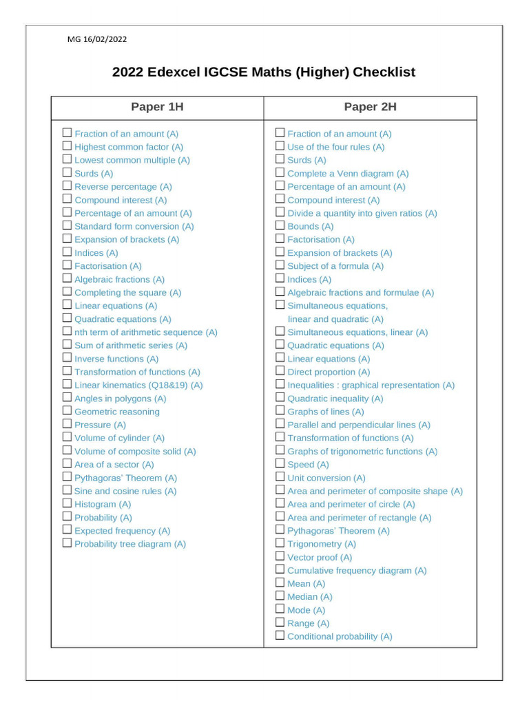 Math Topic Checklist | PDF
