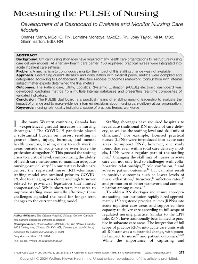Measuring The PULSE of Nursing - Development of A Dashboard To Evaluate ...