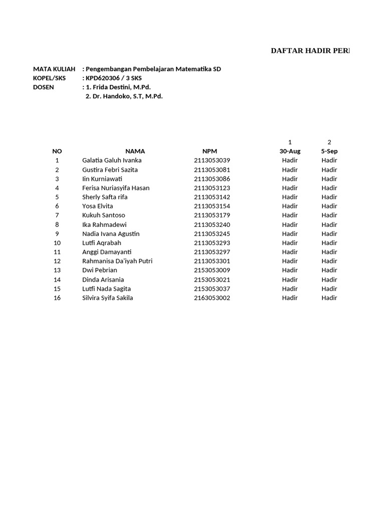 ABSEN PENGEMBANGAN PEMBELAJARAN MATEMATIKA SD 5H | PDF