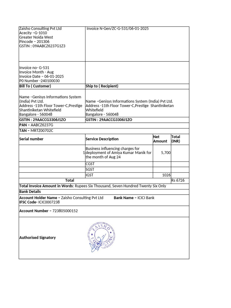 Invoice G-531 for Zaisho Consulting | PDF