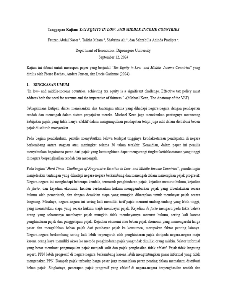 Critical Summary_Tax Equity in Low- and Middle- Income Countries_Fauzan Abdul Naser | PDF
