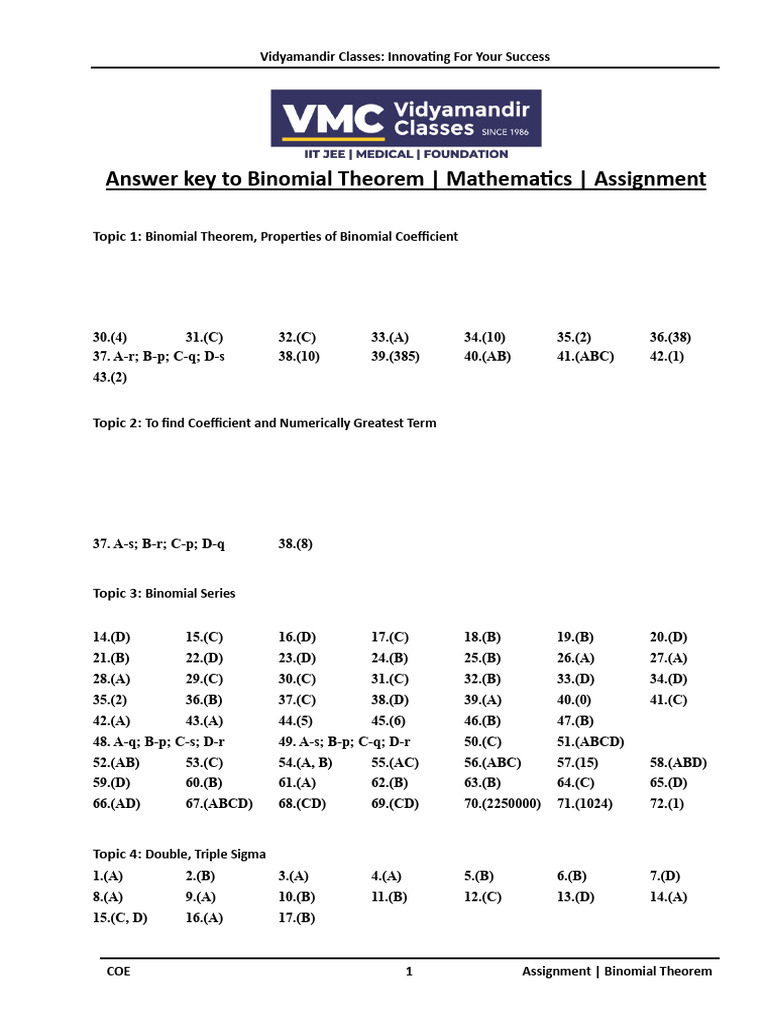 Binomial Theorem - Assignment - Answer Key | PDF | Abstract Algebra | Complex Analysis