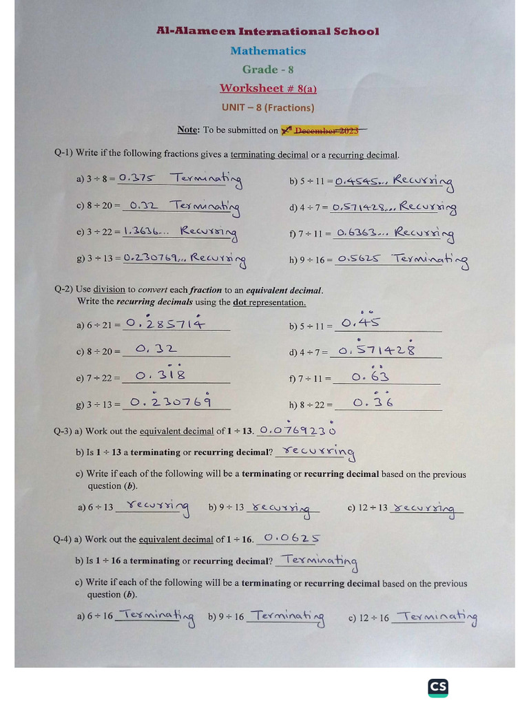 G8 Worksheet 8a Unit-8 Answers | PDF